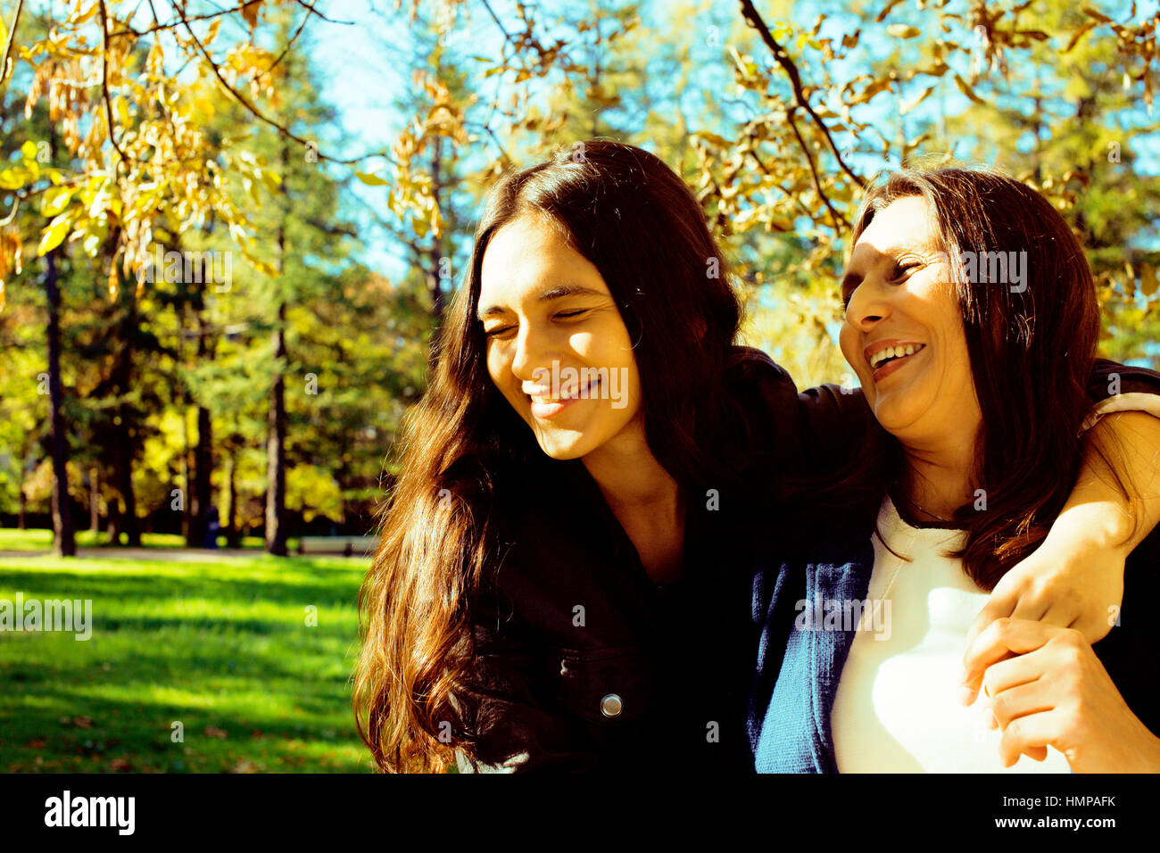 mature real mother with daughter outside autumn fall in park Stock ...