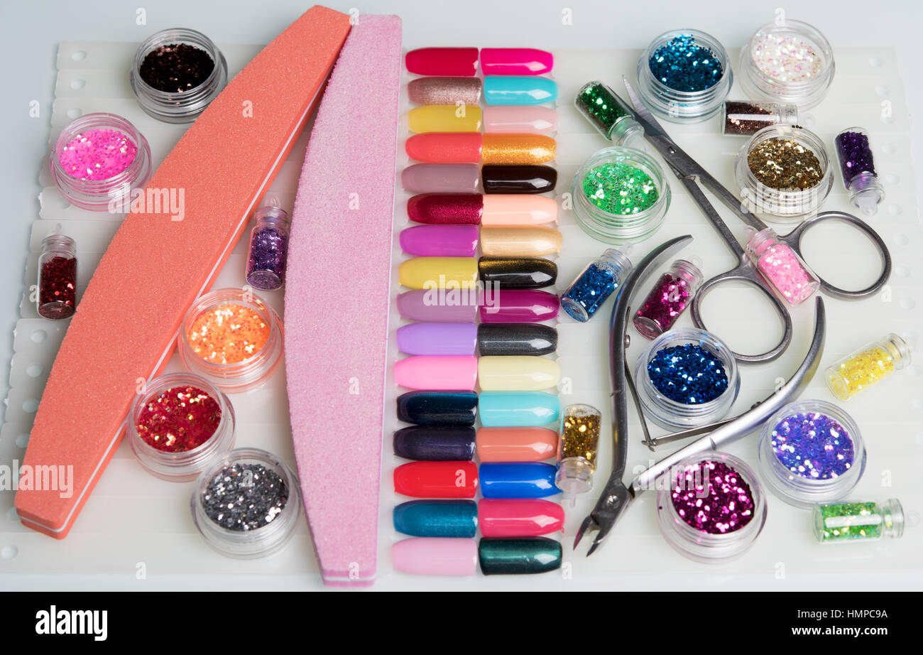 huge nail kit with tools and samples Stock Photo - Alamy