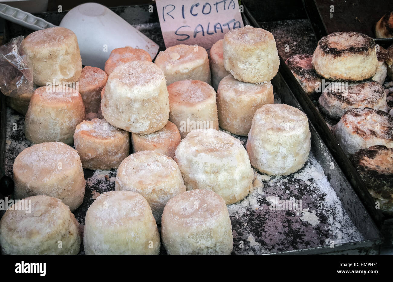 Salted Ricotta cheese on market stall, Palermo, Sicily Stock Photo - Alamy