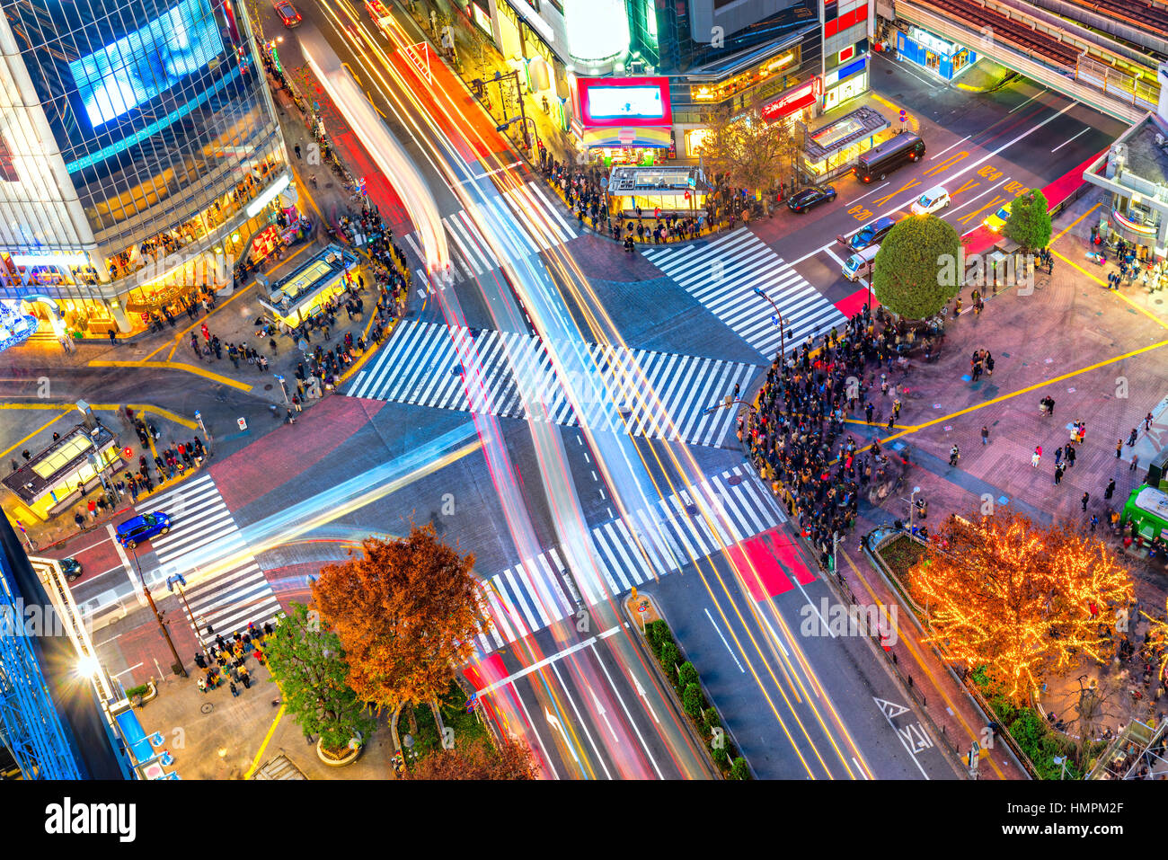 Aerial view of Shibuya District and Shibuya Crossing, Tokyo. The scramble crosswalk is one of ...