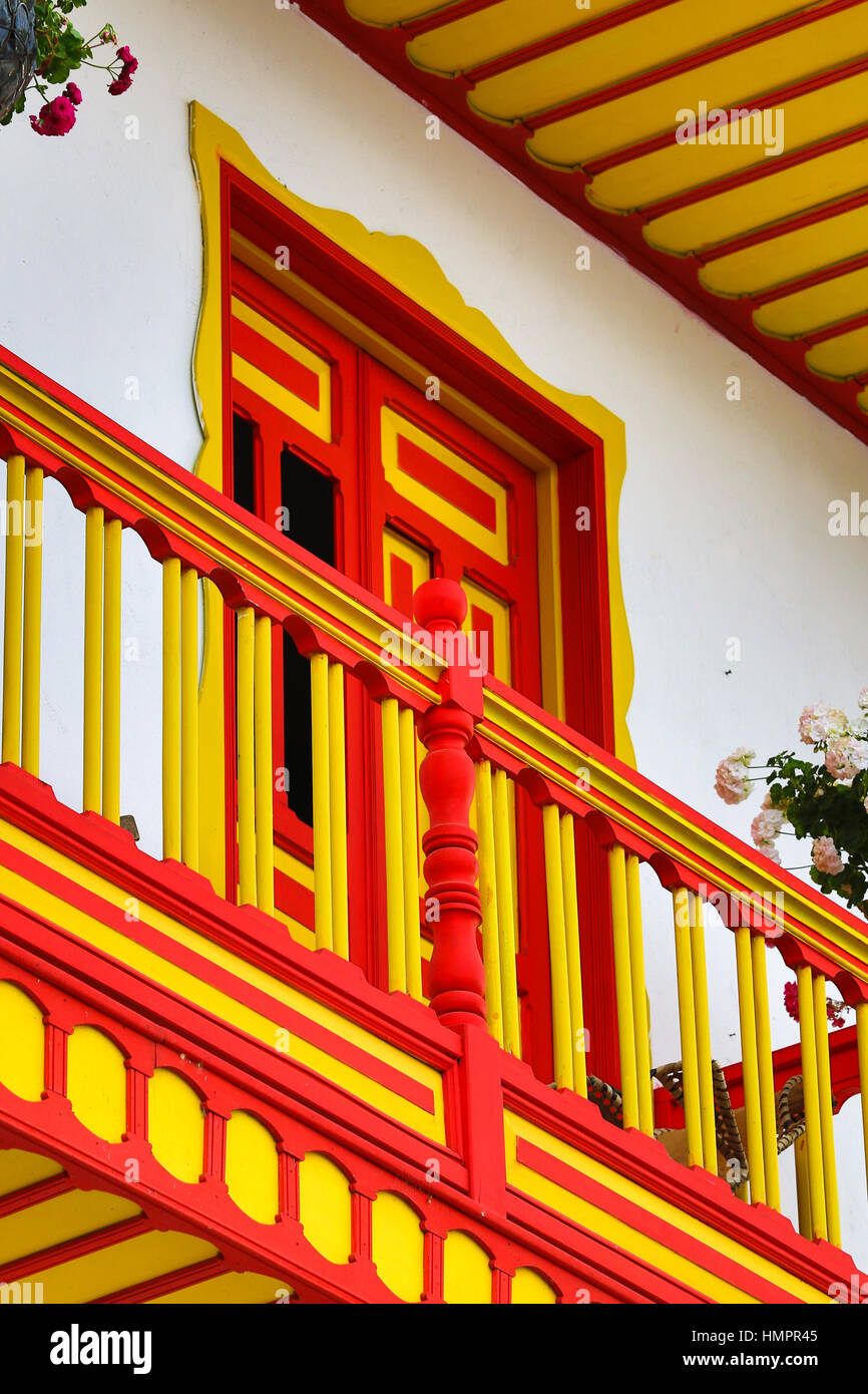 colourful colonial style buildng railing details in Salento, Colombia ...