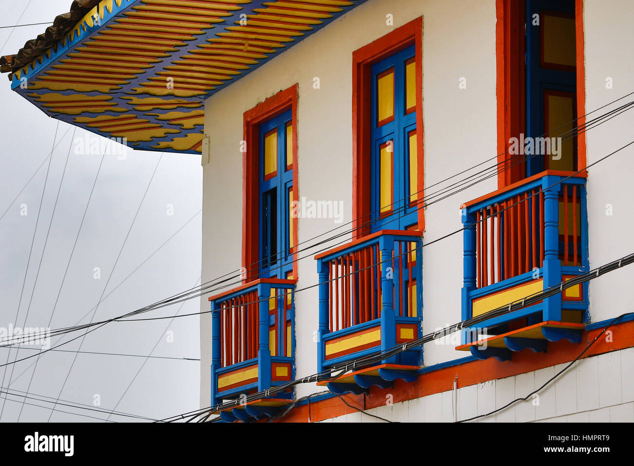 Colourful colonial influenced architecture with wooden balconies Stock ...