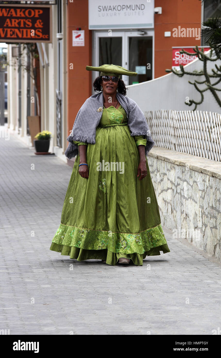 Herero woman wearing traditional dress at Swakopmund in Namibia Stock ...