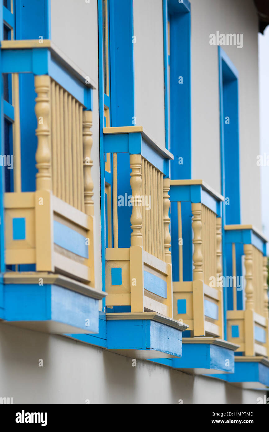 Colourful colonial influenced architecture with wooden balconies Stock ...