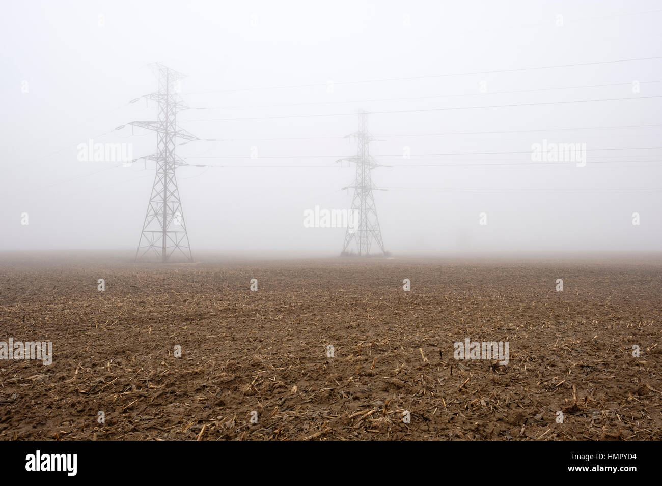 Two power line towers / pylons in a farm field under heavy fog in ...