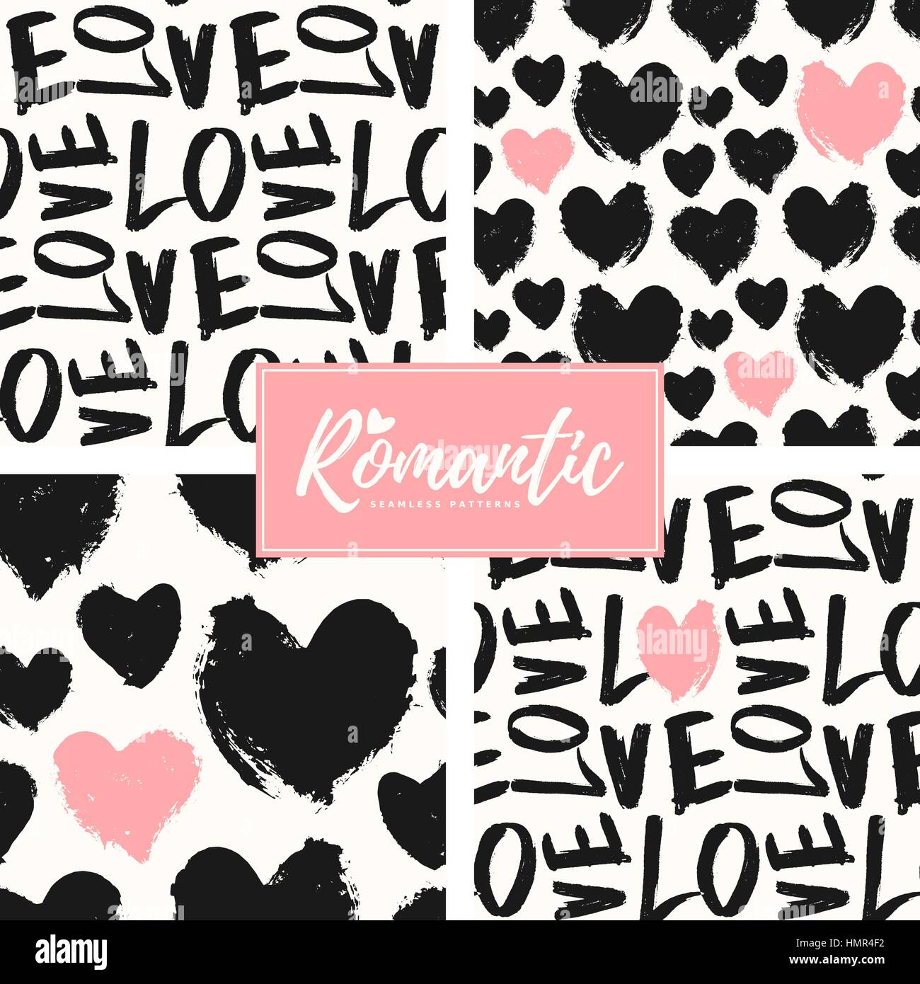 A set of four hand drawn seamless repeating patterns with hearts and ...