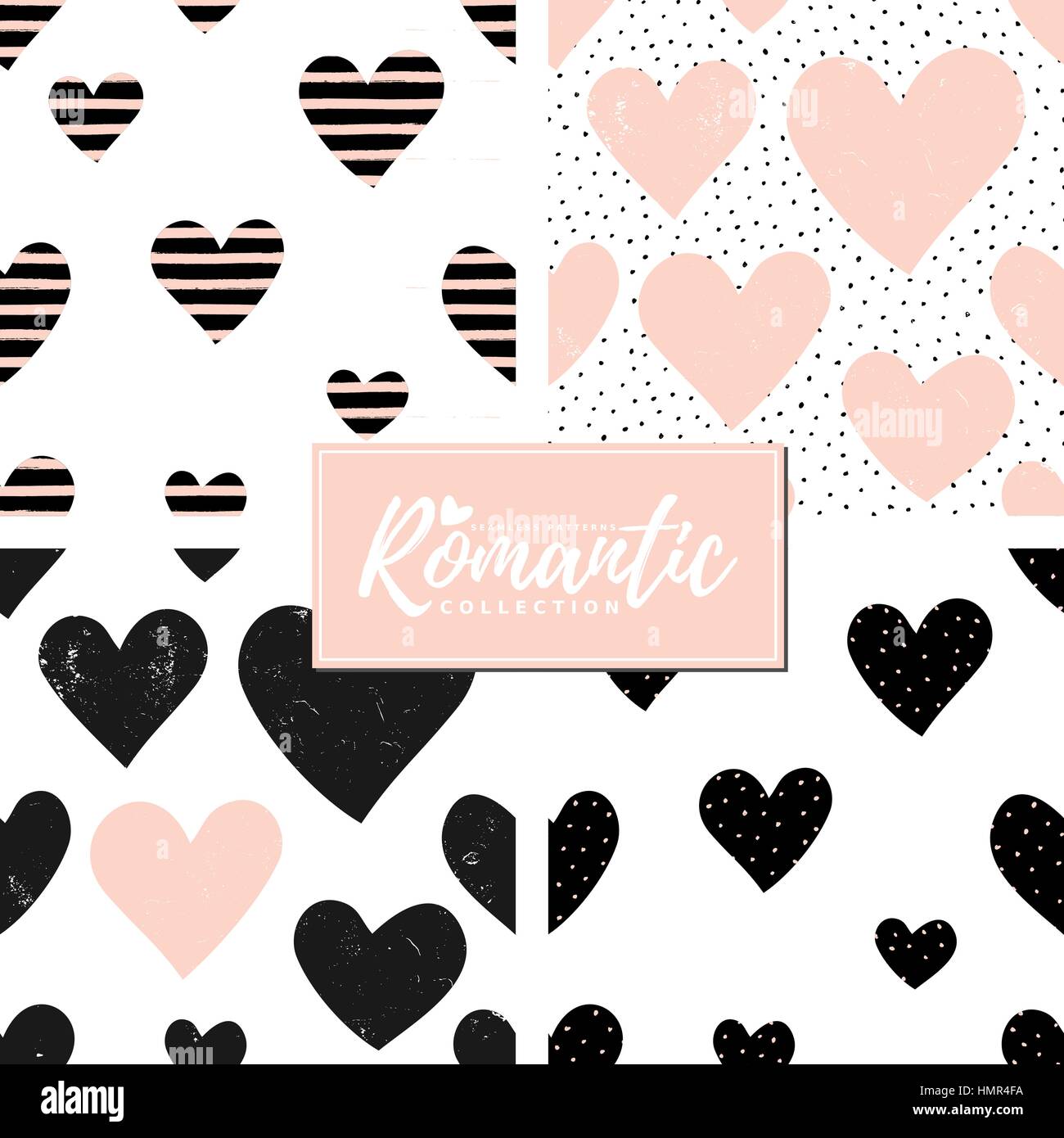 A set of four cute seamless repeating patterns with hearts in black and ...
