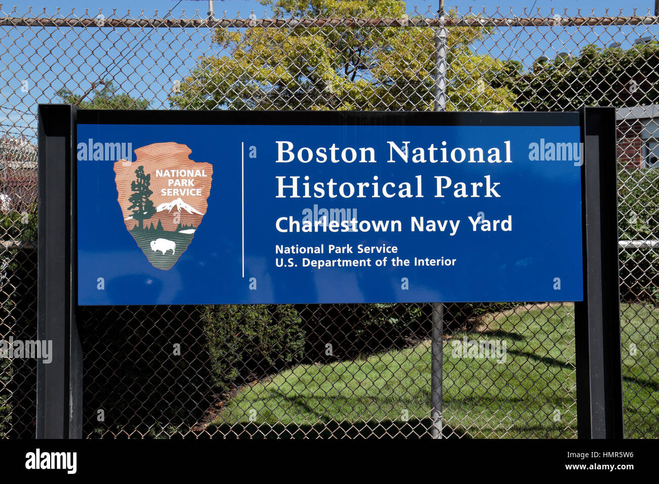 Entrance sign to Boston National Historical Park, Charlestown Navy Yard ...