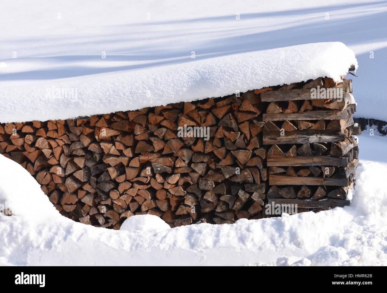 A neat stack of firewood covered in snow Stock Photo - Alamy