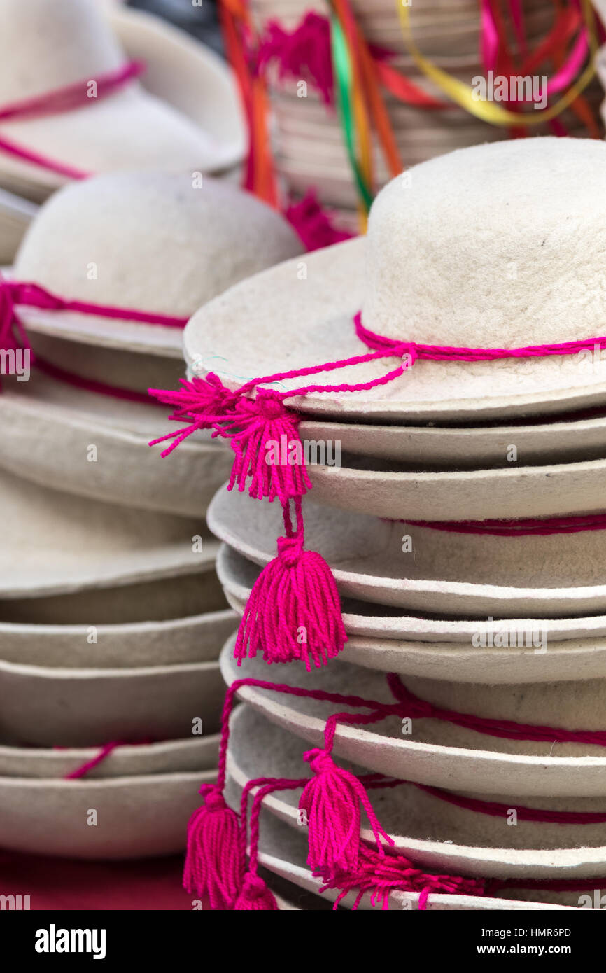 closeup of traditional hats in the Otavalo market Ecuador Stock Photo ...