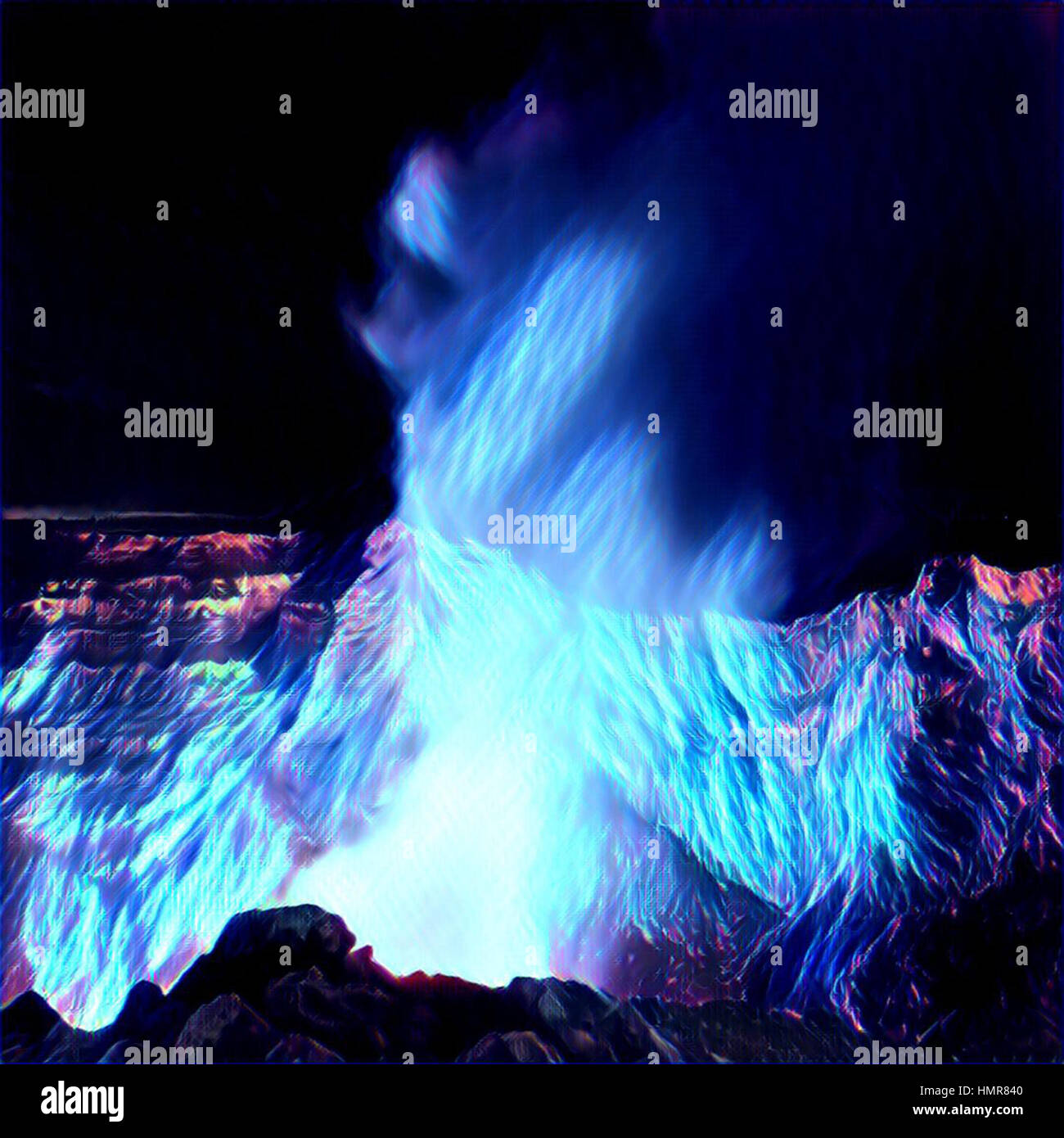 graphic blue glow coming from volcano crater at night Stock Photo - Alamy