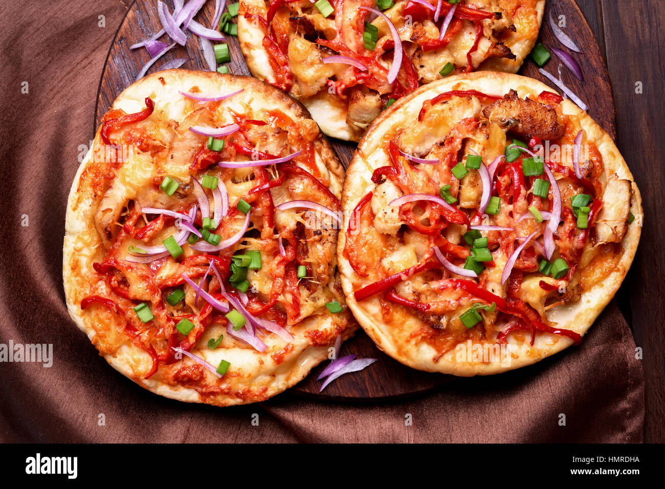 Pizza with chicken meat and vegetables, top view Stock Photo - Alamy
