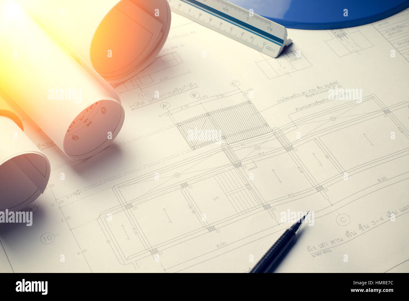 architectural plans project drawing with blueprints rolls Stock Photo ...