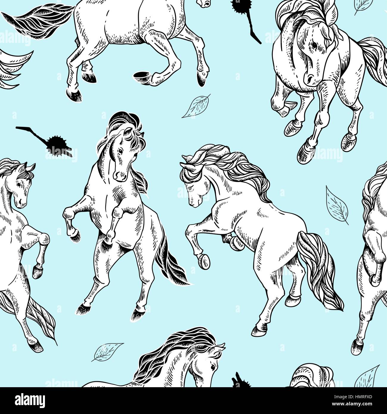 Hand drawn monochrome seamless pattern of horse on blue background ...