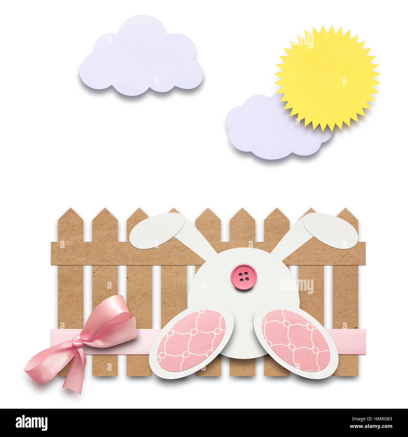 Creative easter concept photo of rabbit stuck in a fence made of paper ...