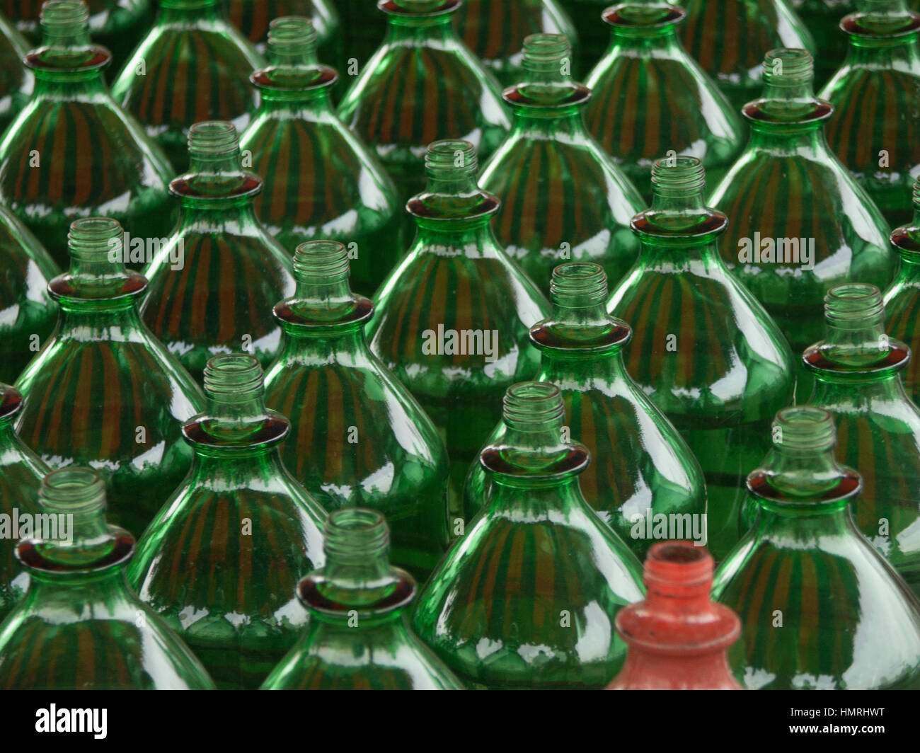 many green plastic bottles only one red Stock Photo - Alamy