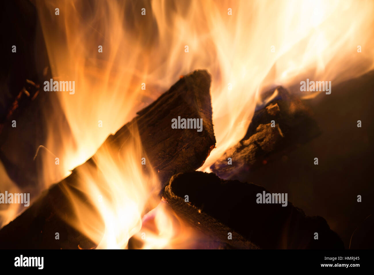 Closeup of roaring blazing fire on campfire logs, bright and vibrant ...