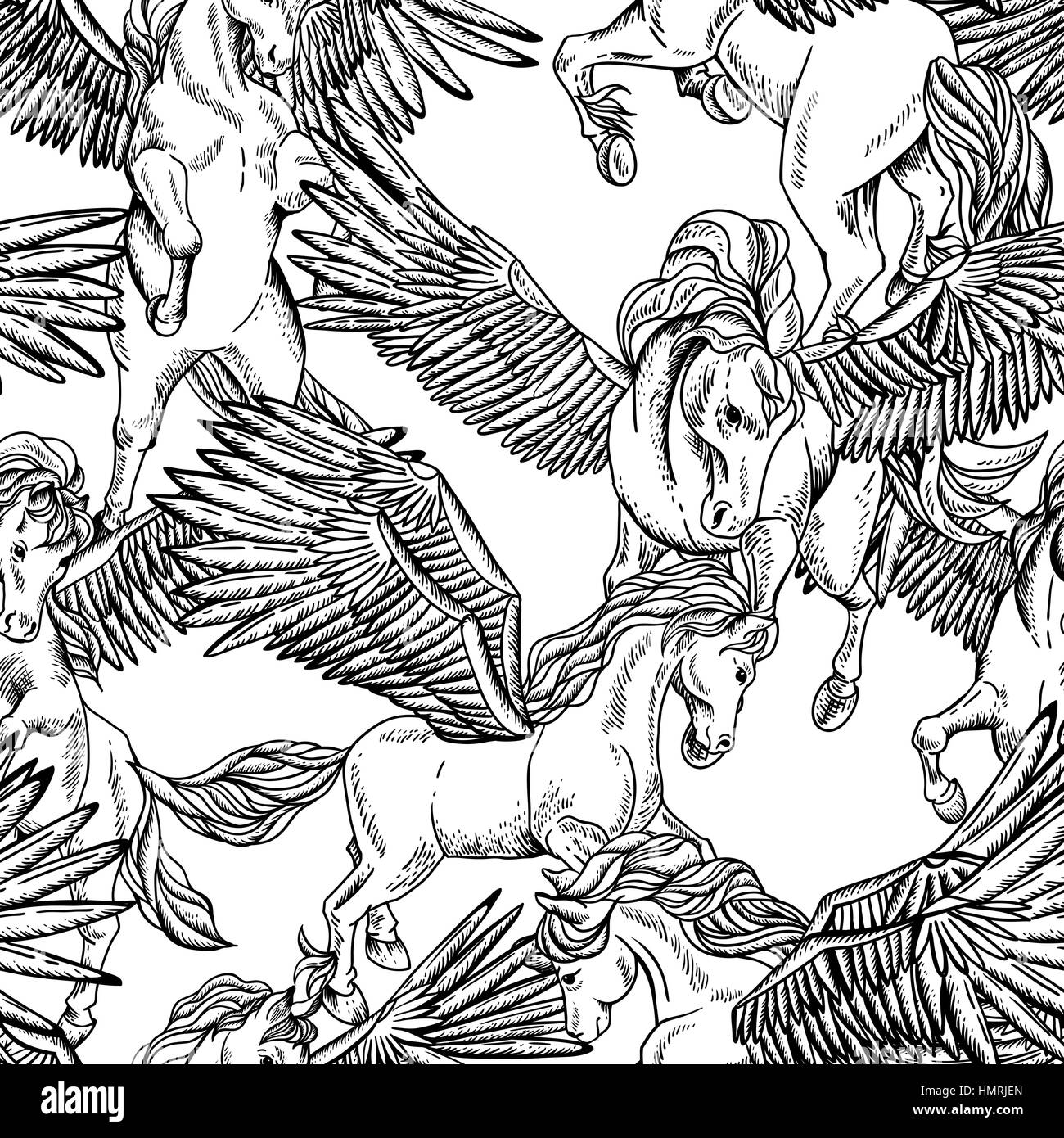 Vintage vector black and white seamless pattern of winged pegasus on white background, vintage ...