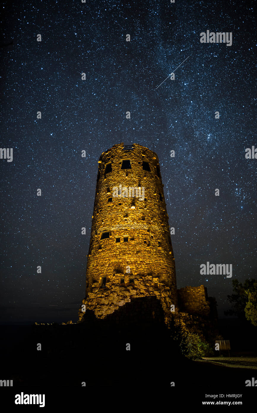 Desert View Watchtower at night, during Orionid Meteor Shower and with ...