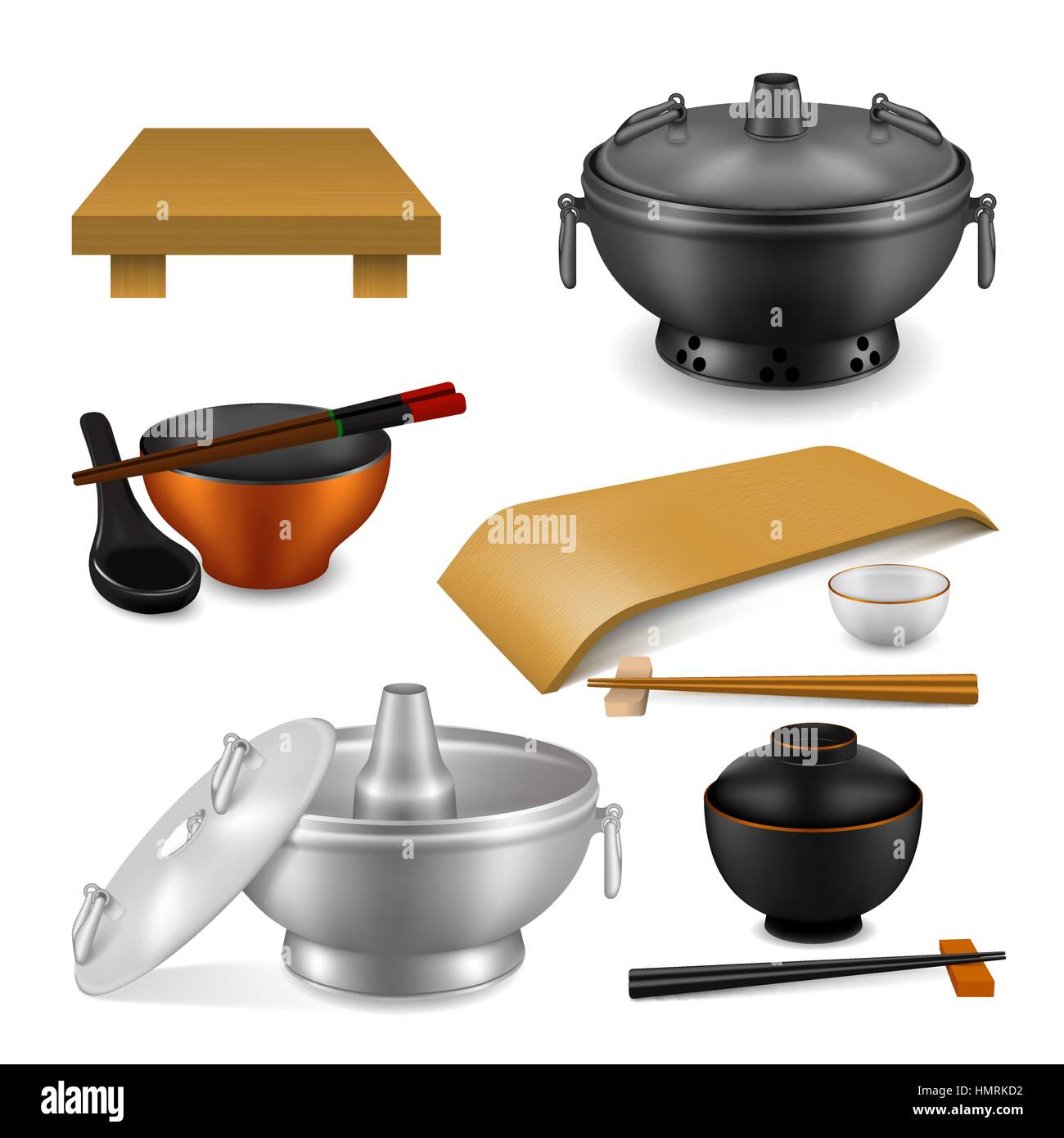 Japanese empty dishes set in realistic style. Different bowls, pans ...