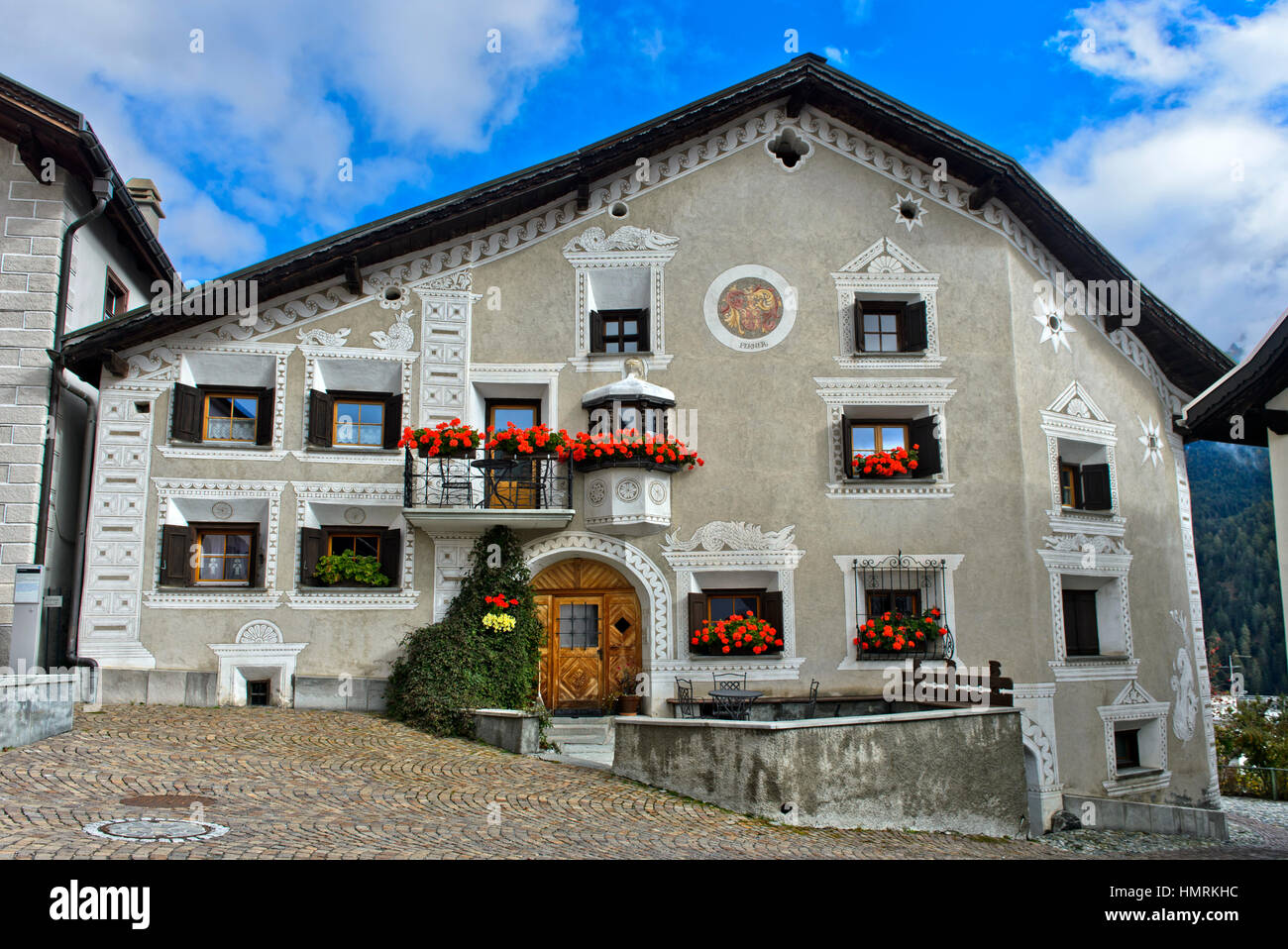 Typical Engadine house at the La Plazetta square, Scuol, Engadine ...