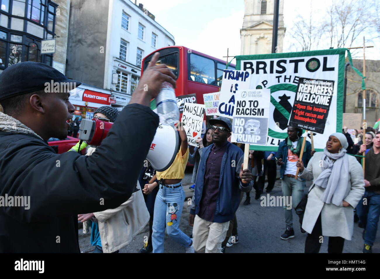 Bristol, UK. 4h Feb, 2017: Protesters march through the city centre ...