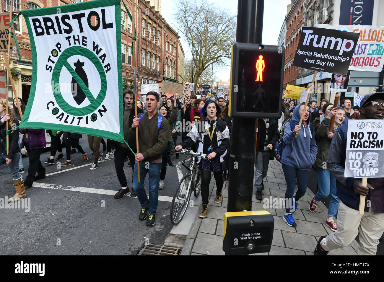 Bristol, UK. 4h Feb, 2017: Protesters march through the city centre ...
