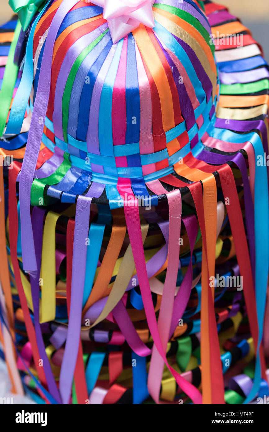 closeup of colorful traditional hats in the Otavalo market Ecuador ...