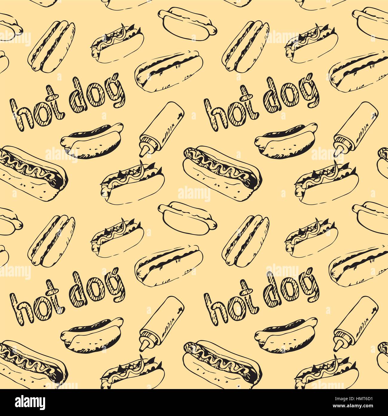 Seamless pattern with hand drawn hot dogs. Fast food background ...