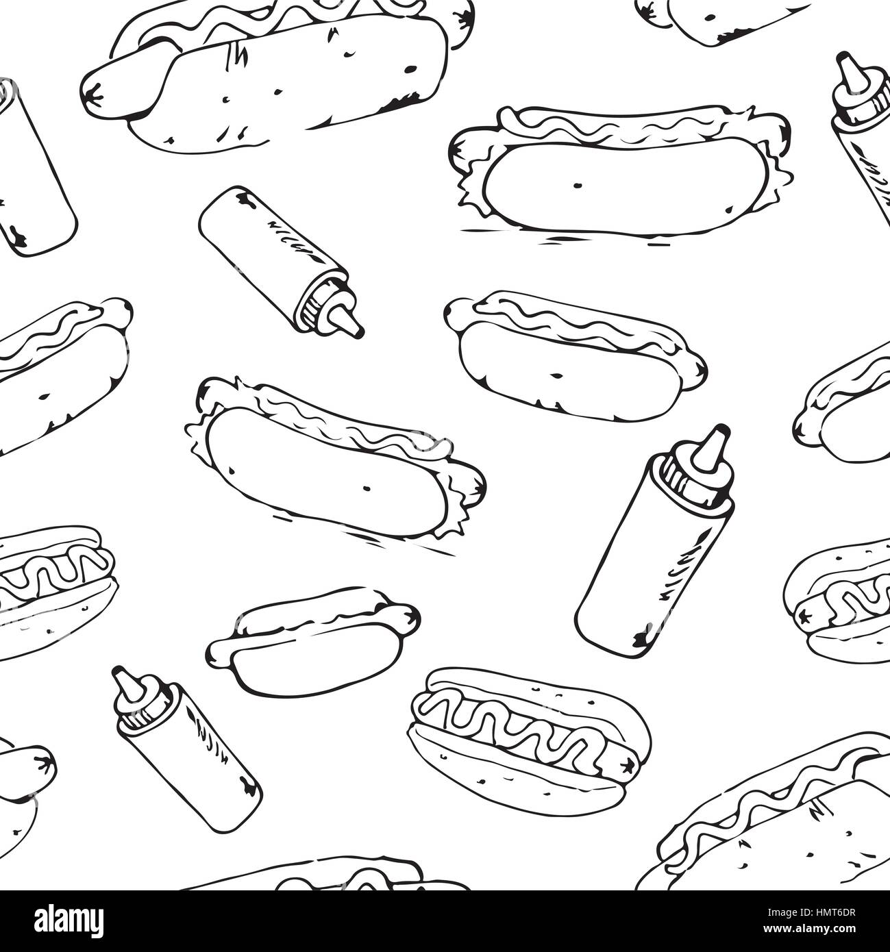 Hot Dog hand drawn seamless pattern. Fast food design element. Seamless ...