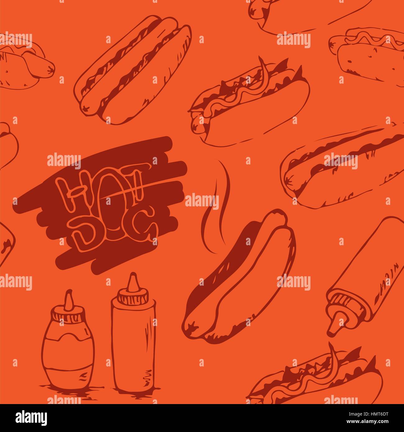 Hotdog seamless pattern hand drawn. Fast food design element. Seamless ...