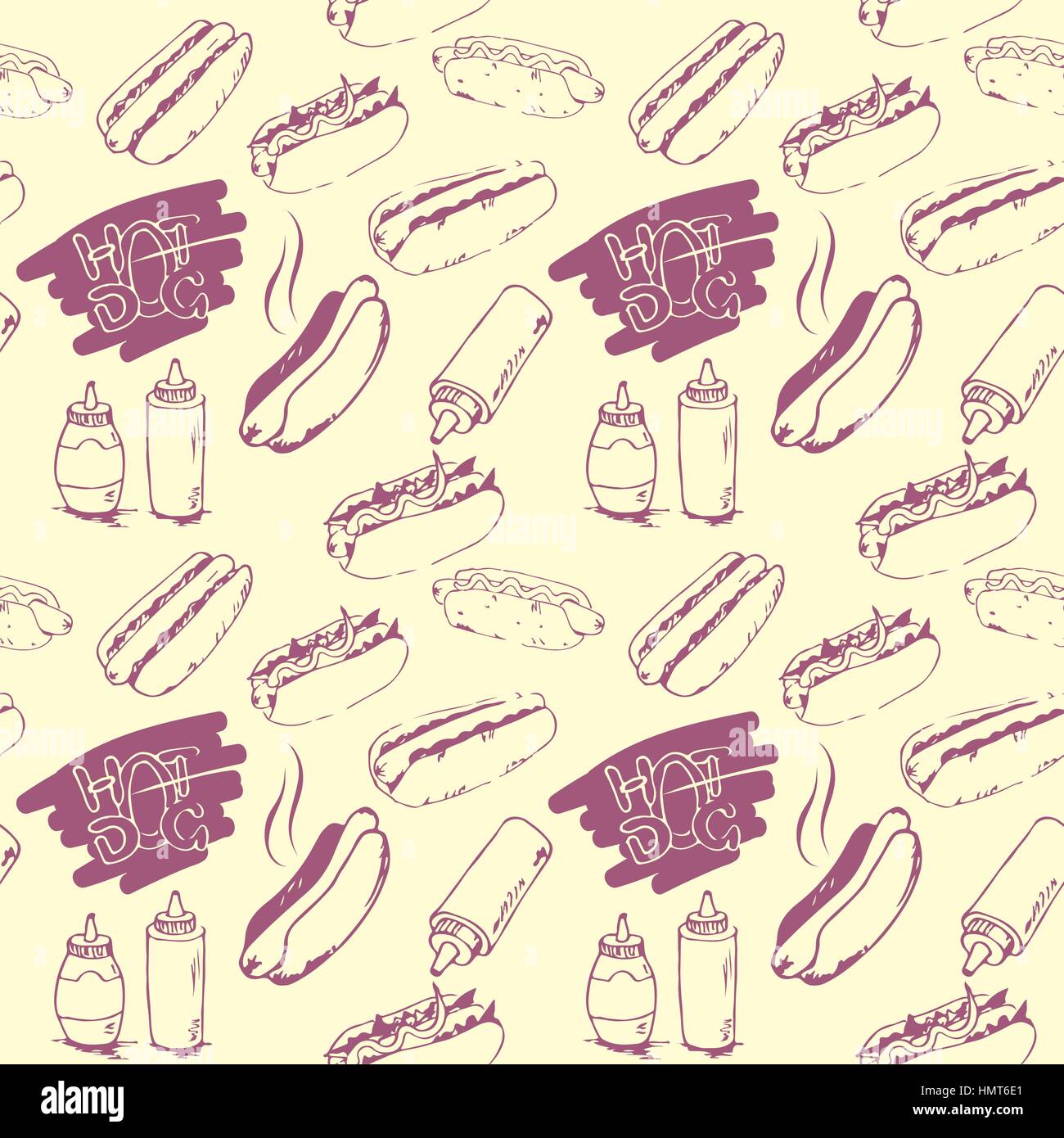 Hotdog seamless pattern hand drawn. Fast food design element. Seamless ...