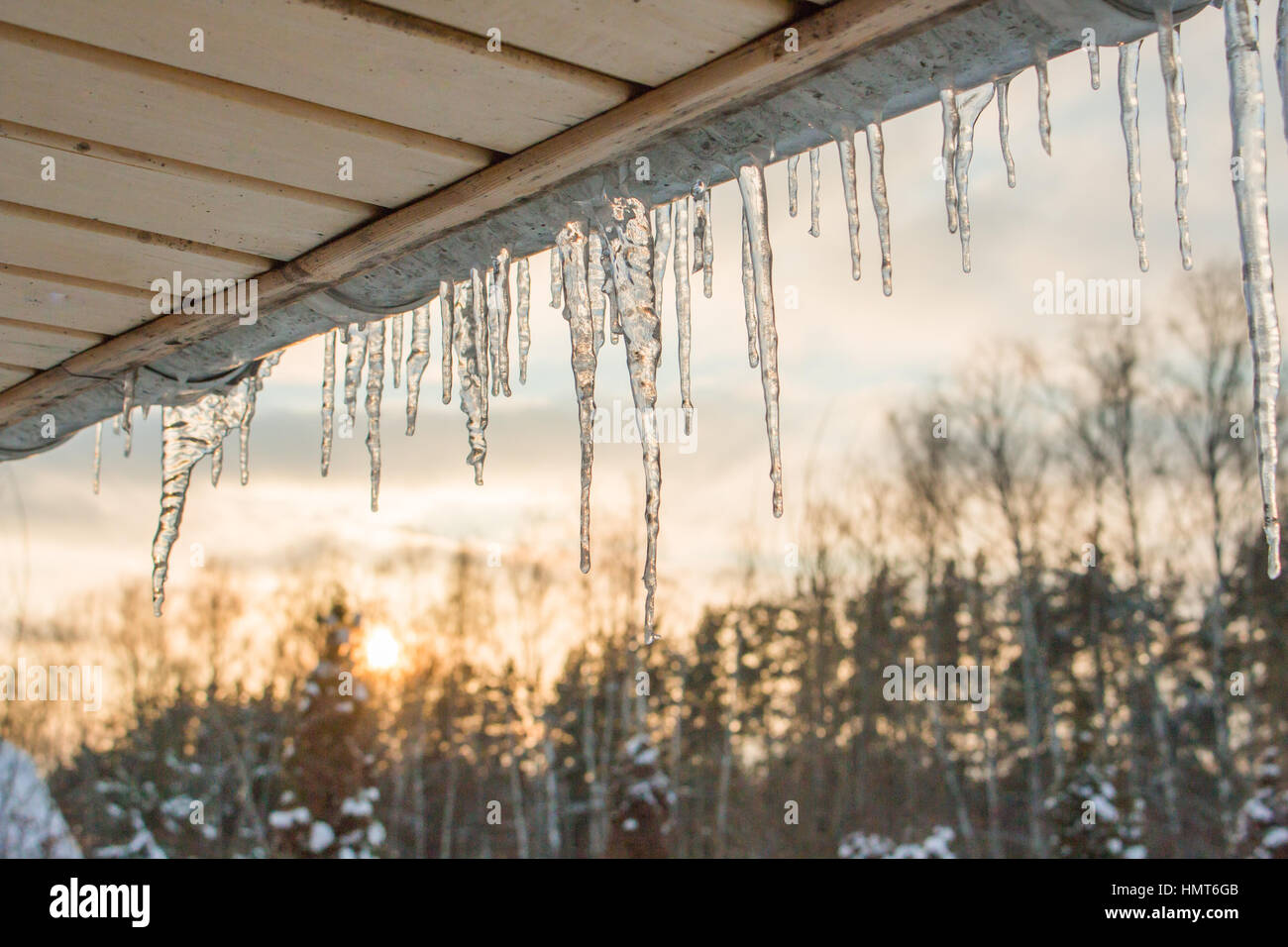 beautiful icicles shine in sun against blue sky. spring landscape with ...