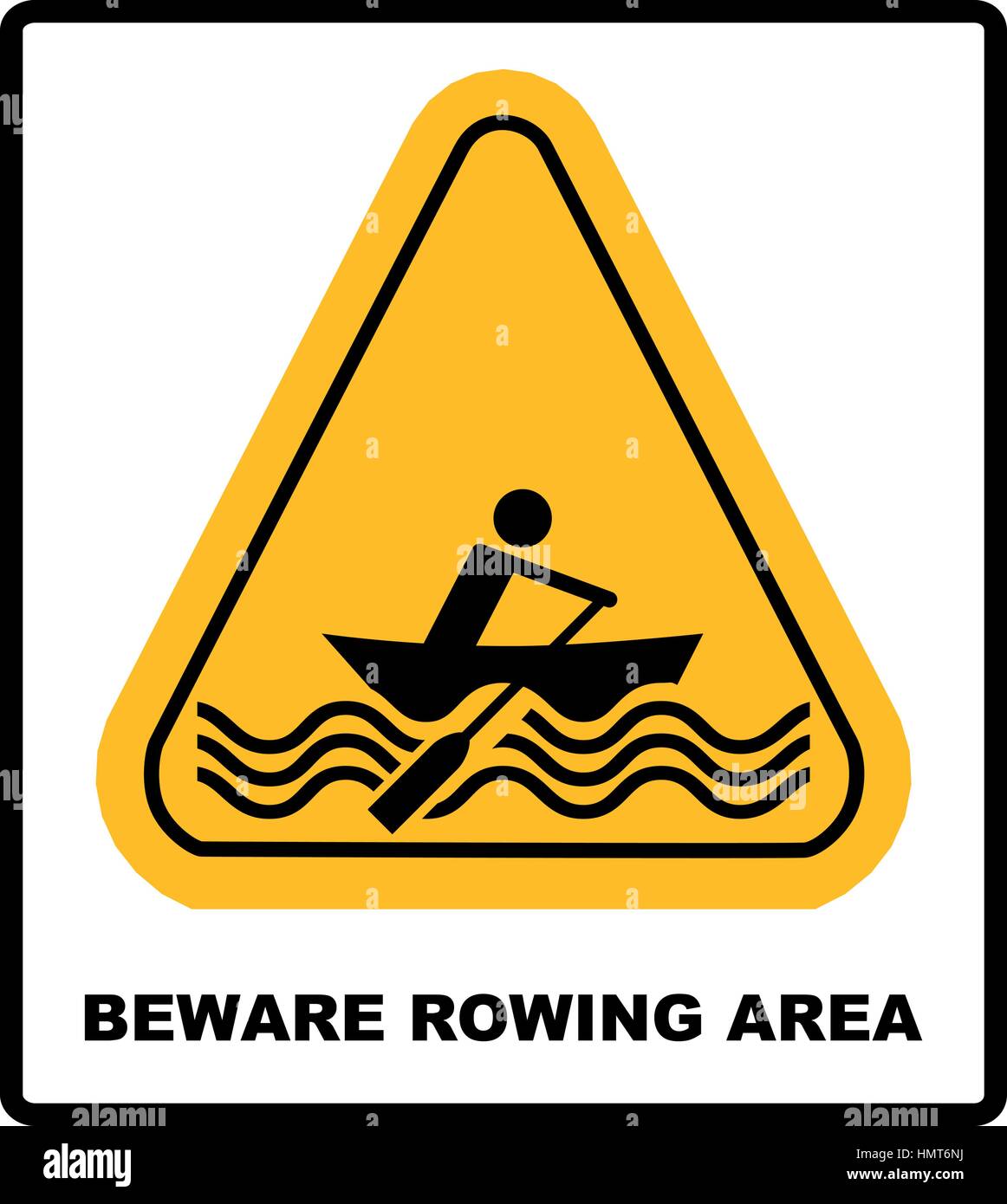 Beware rowing area. Warning sign in yellow triangle isolated on white ...