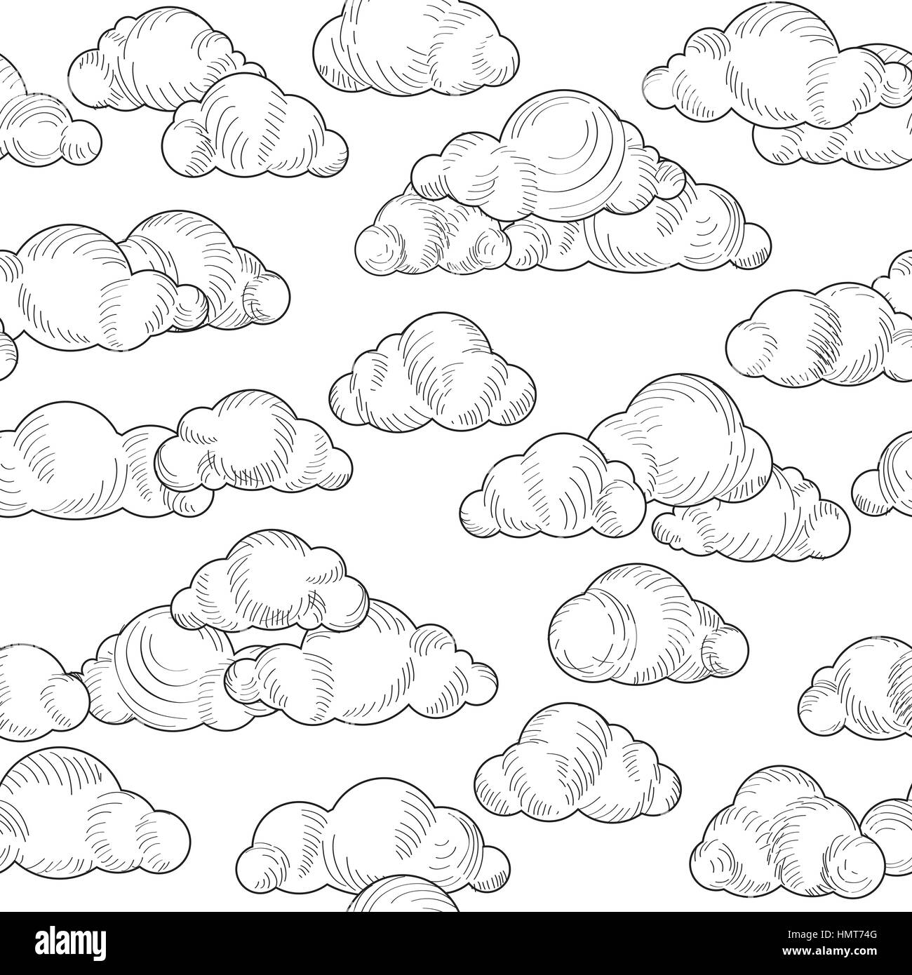 Cloud doodle black and white pattern. Cloudy sky seamless ornamental background Stock Vector ...