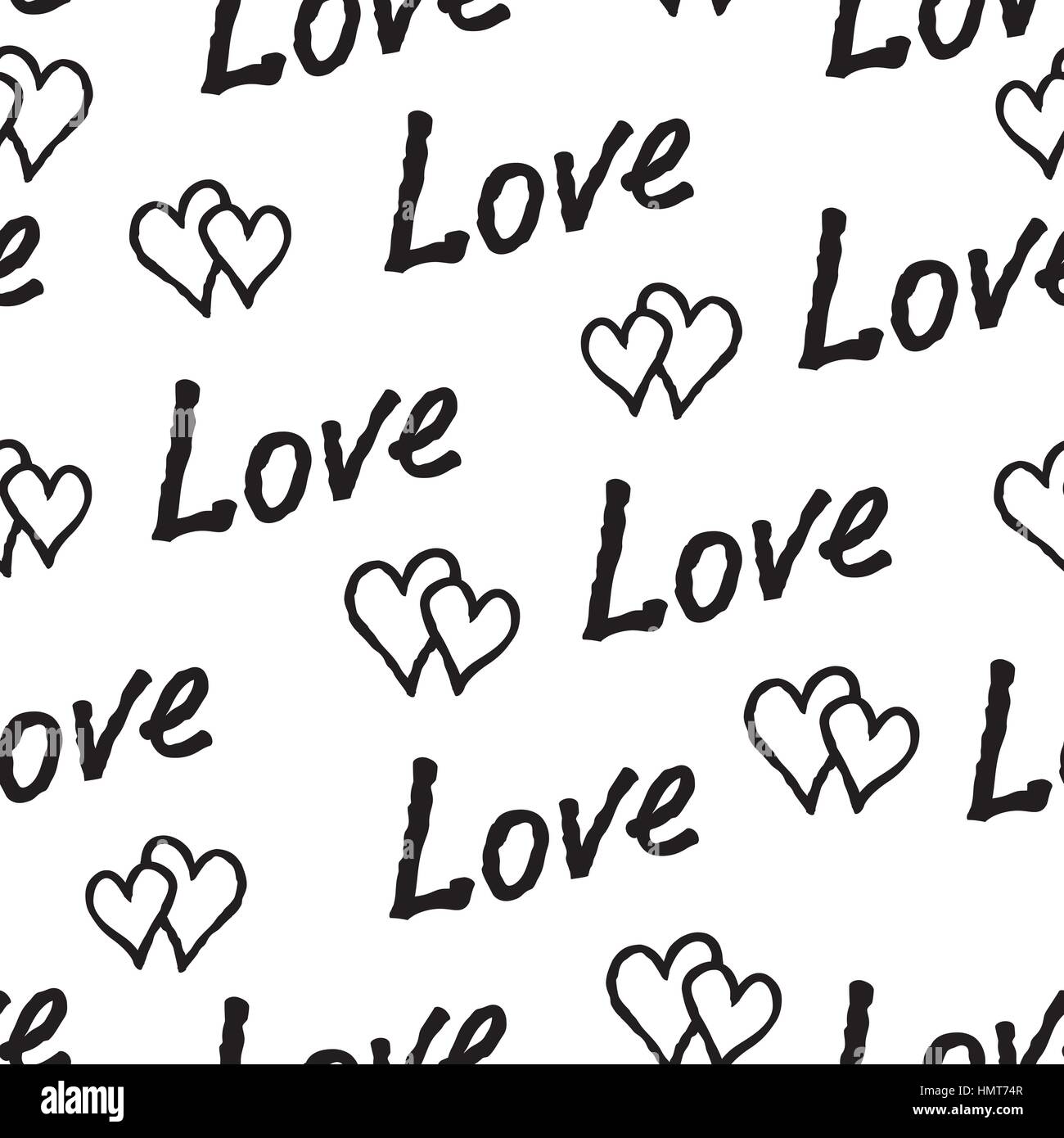 Black love hearts and handwritten lettering LOVE seamless pattern ...