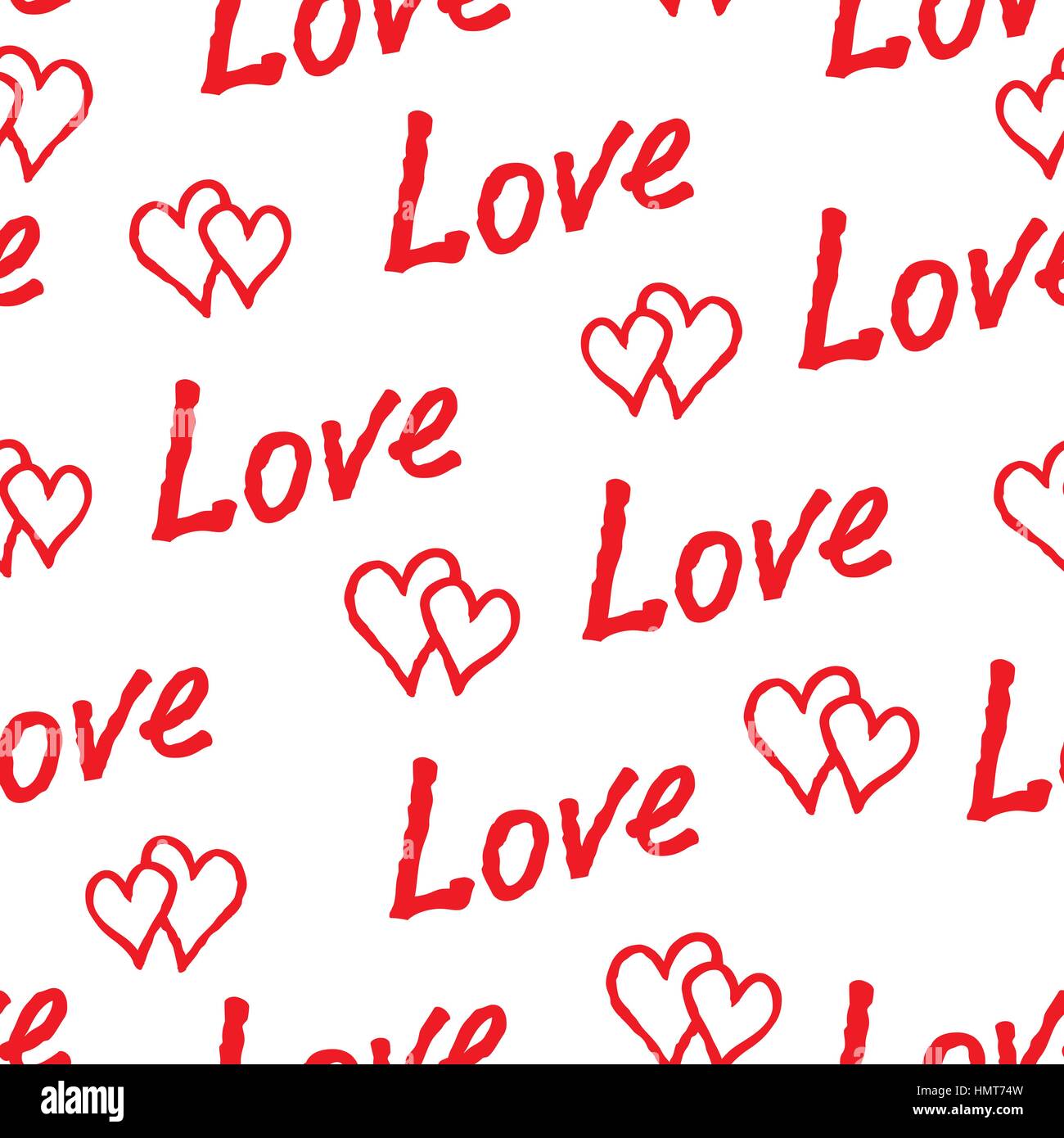 Red love hearts and handwritten lettering LOVE seamless pattern. Doodle ...