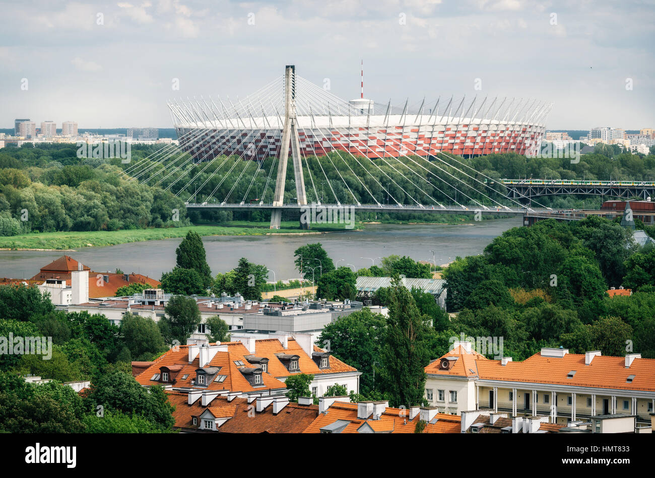 Cityscape of Warsaw Old architecture with red roofs, Holy Cross ...