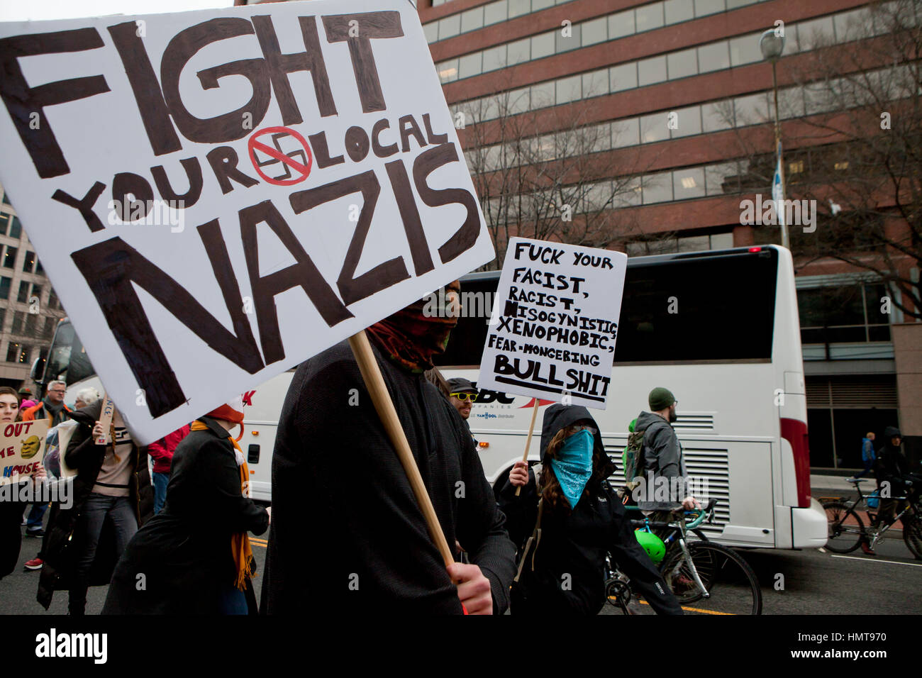 Anti racism activists protest during the 2017 presidential inauguration ...