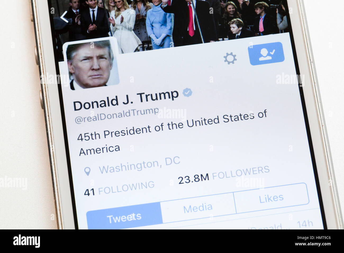 Donald Trump's twitter account on mobile phone screen - USA Stock Photo ...