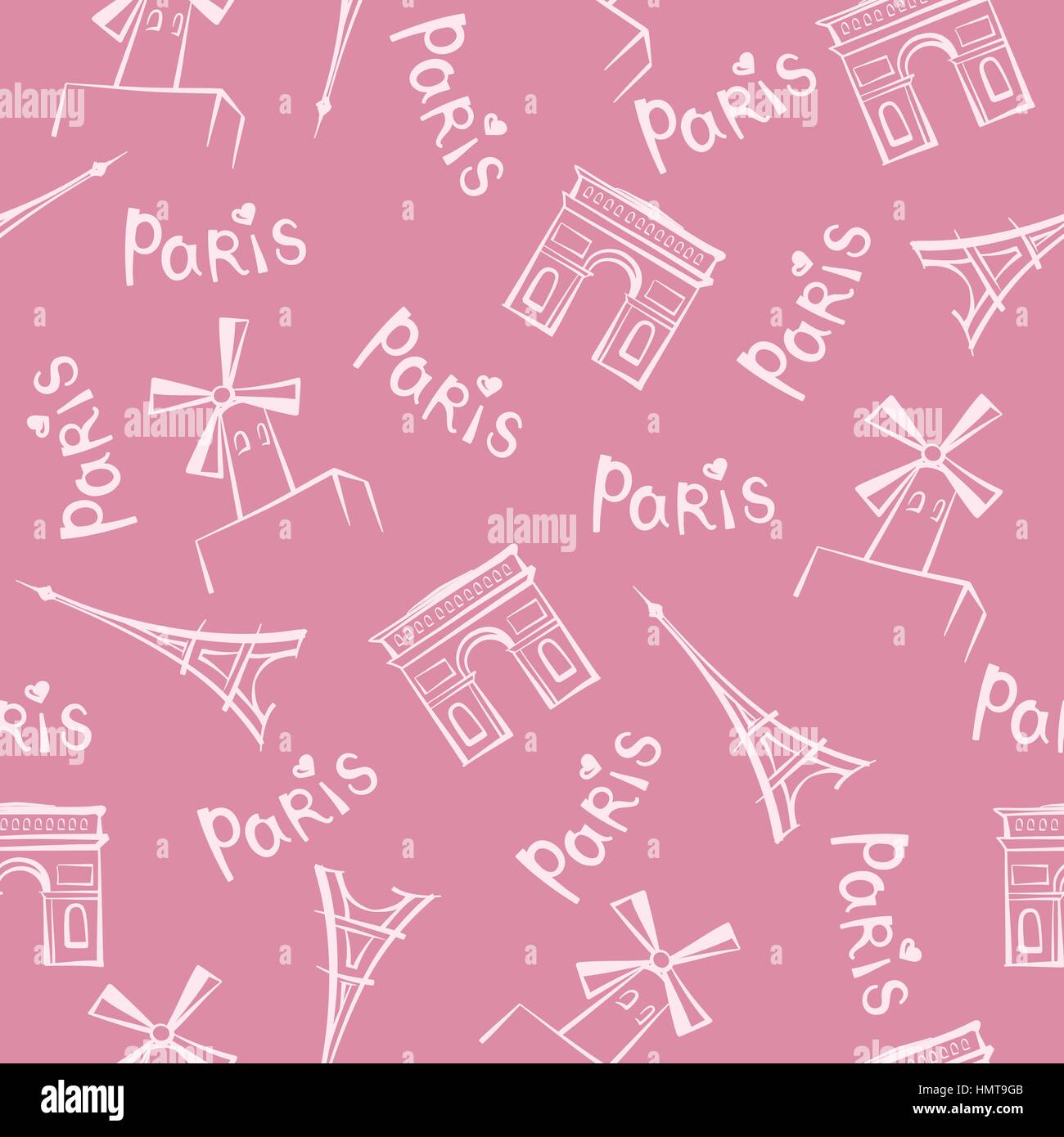 Paris city landmarks and handwritten lettering PARIS seamless pattern ...