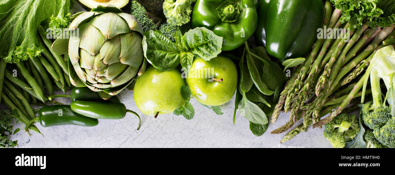 Variety of green vegetables and fruits copyspace on white Stock Photo ...