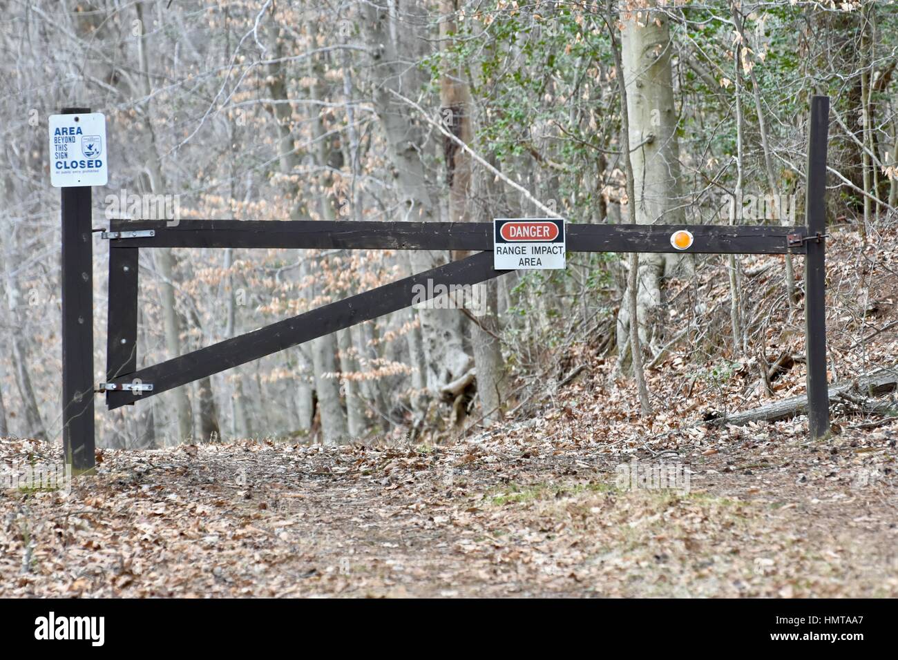 Closed road with range impact area sign at the Patuxent Research Refuge ...