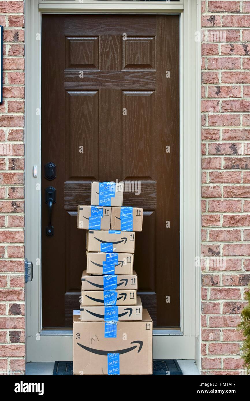 Amazon Prime packages delivered to a residential home Stock Photo - Alamy