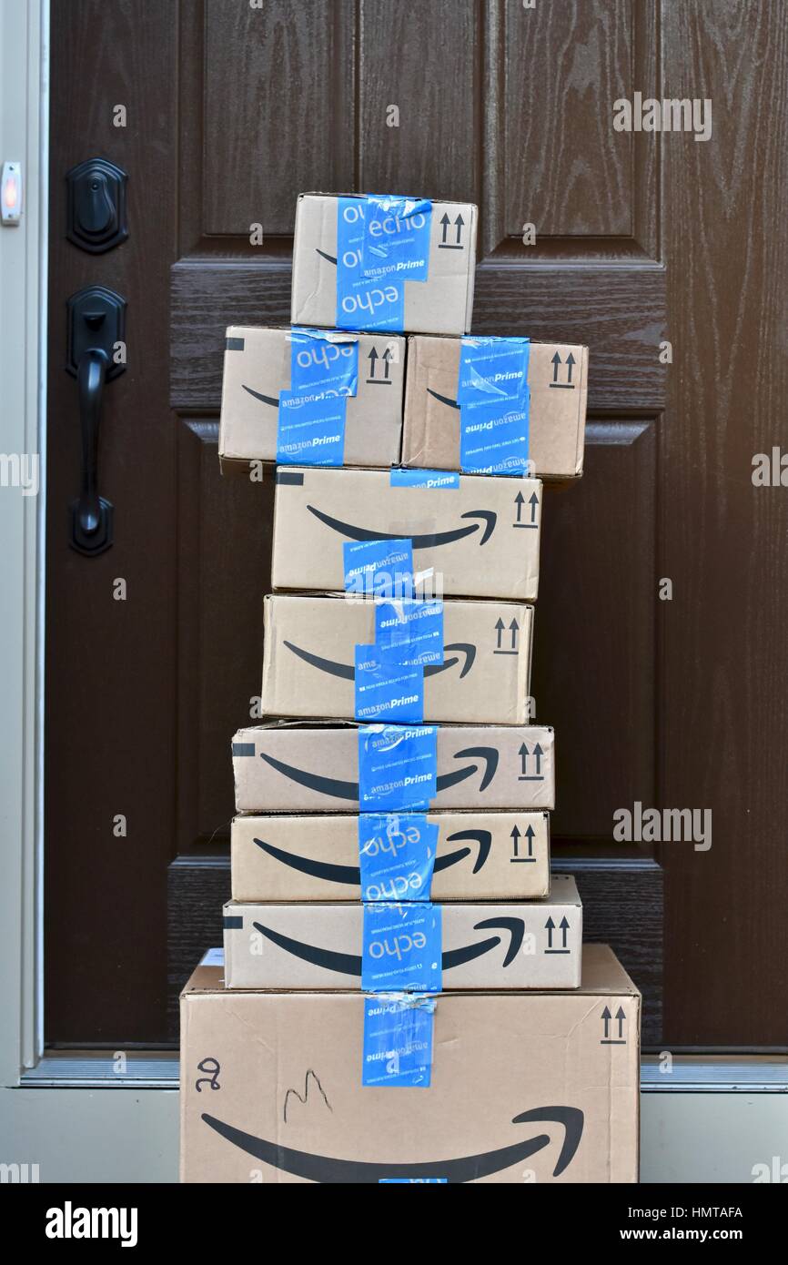 Amazon Prime packages delivered to a residential home Stock Photo - Alamy