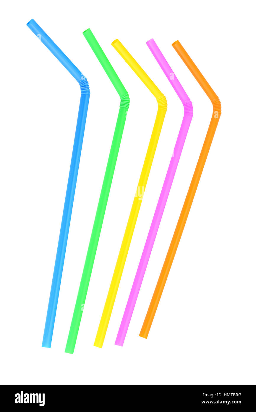 Colorful drinking straws isolated on white. (Blue, Green, Yellow, Pink ...