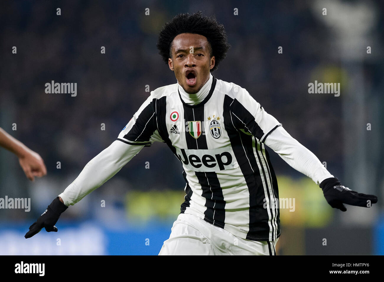 Turin, Italy. 5th Feb, 2017. Juan Cuadrado of Juventus FC celebrates ...