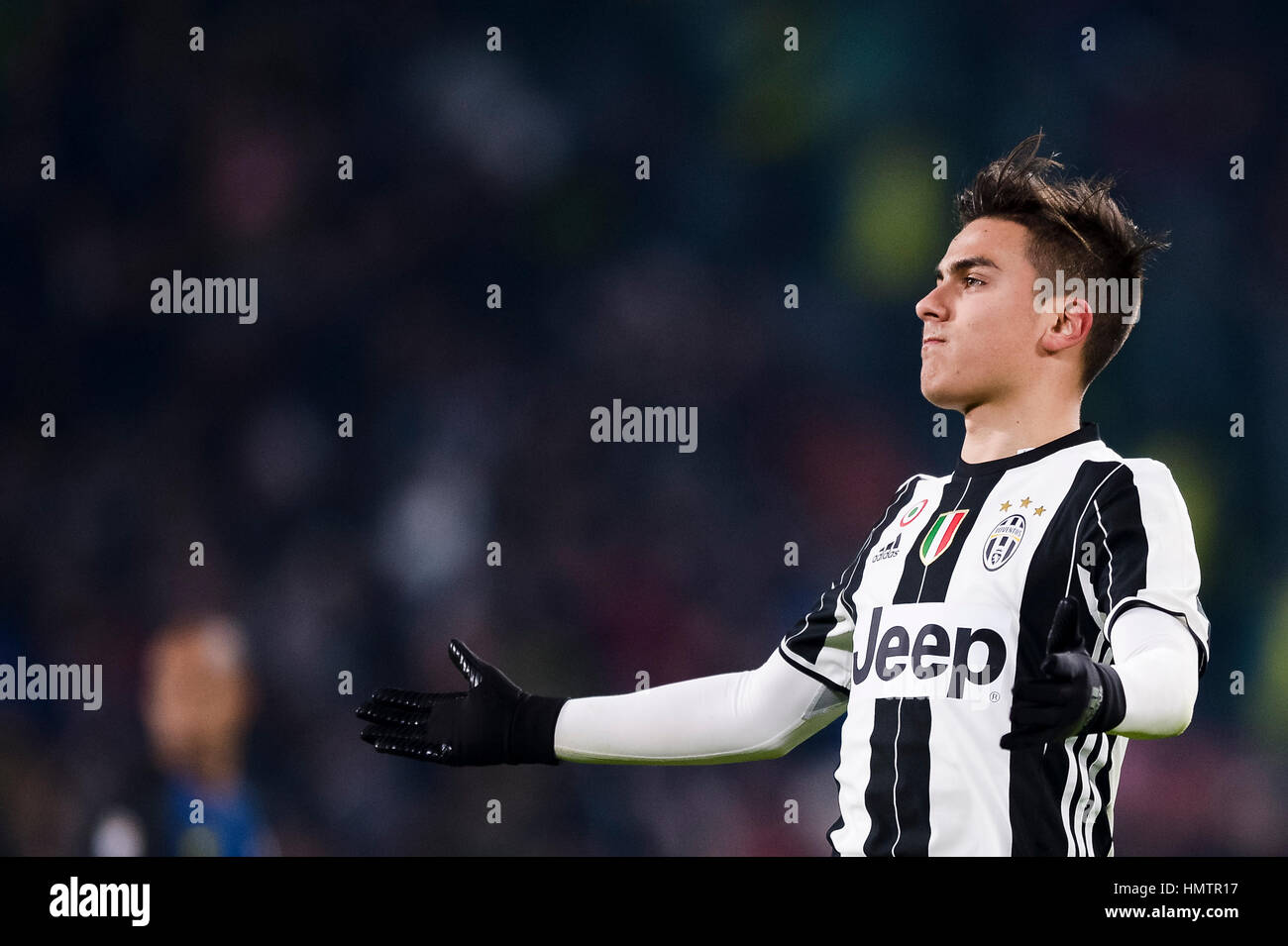 Turin, Italy. 5th Feb, 2017. Paulo Dybala of Juventus FC gestures ...