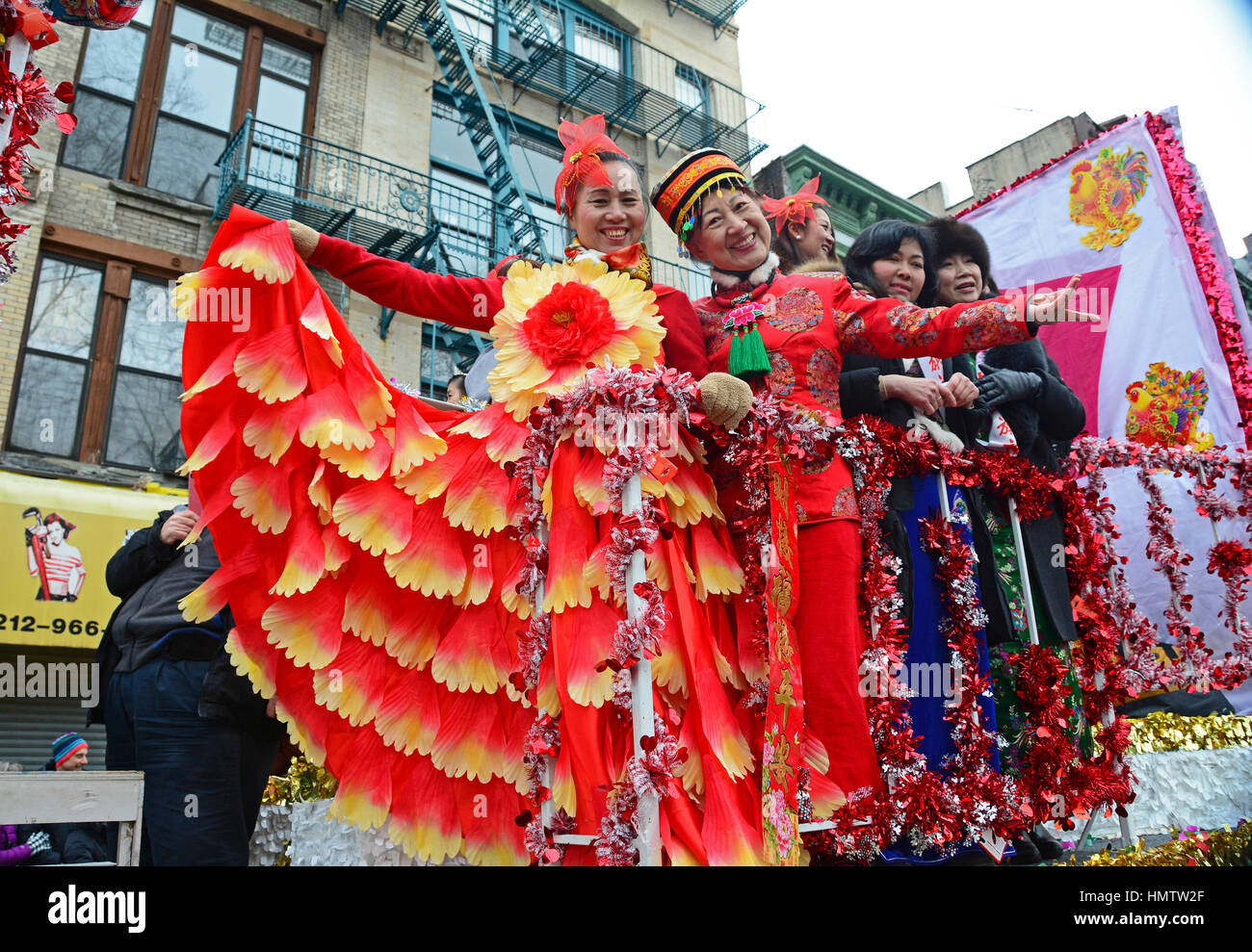 New York City, USA. 5th Feb, 2017. Ladies on a parade float pose in ...