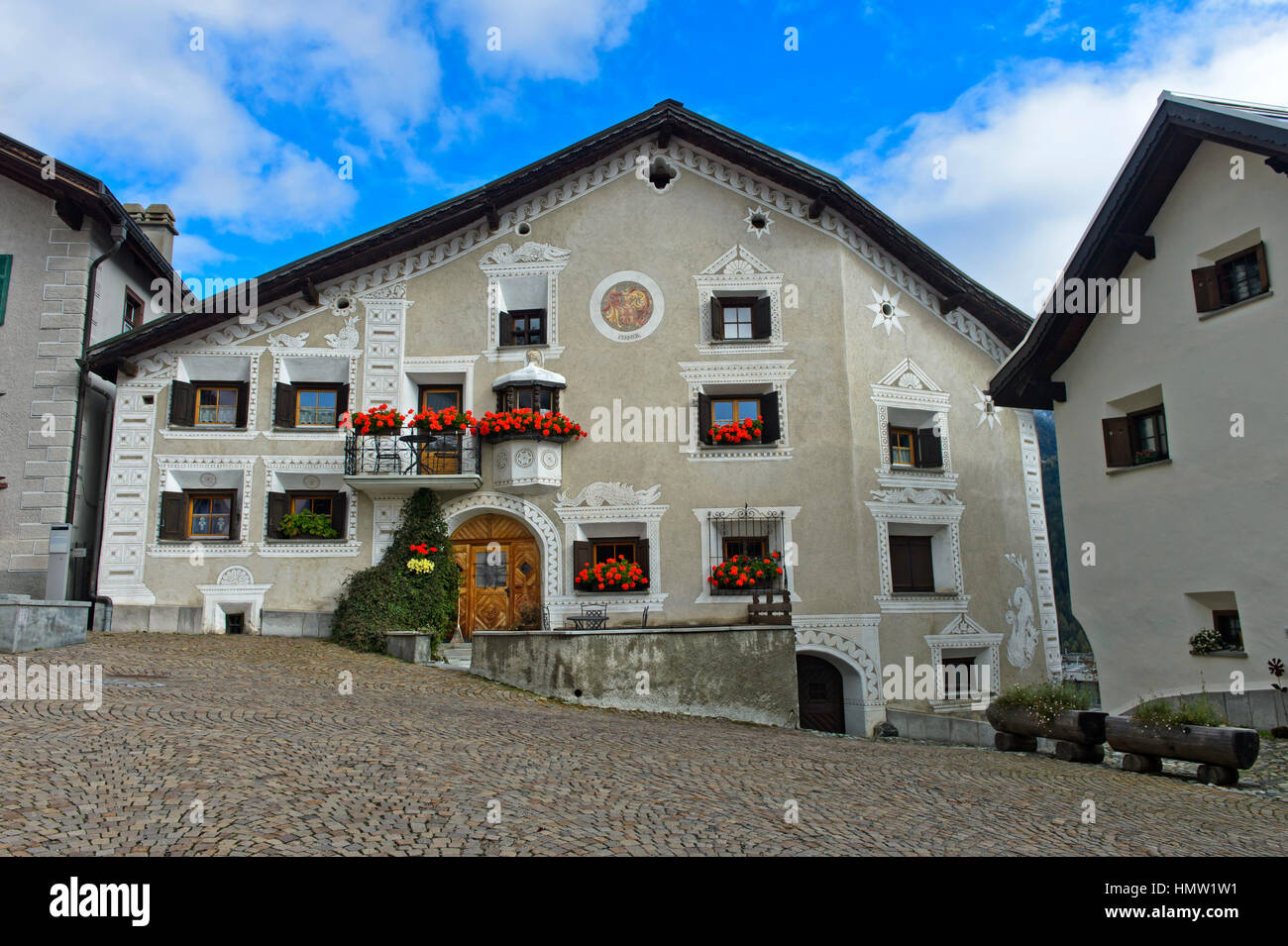 Typical Engadine house at the La Plazetta square, Scuol, Engadine ...